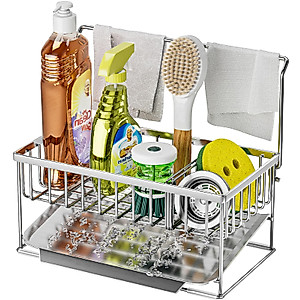 JANE EYRE Kitchen Sink Caddy - Sponge Brush Holder with Removable Slope Drip Tray SUS304 Stainless Steel Rustproof Sink Rack,(H) 9 in x (D) 5.5 in x (L) 9.84 in (Silver)