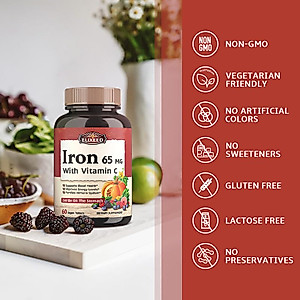 Elixeed Iron Tablets for Women & Men, 65 mg of Elemental Iron with VC, Gentle & Well-Absorbed, Blood Health, Energy Support, Vegan-Friendly, 60 Tablets, Non-GMO, No Gluten
