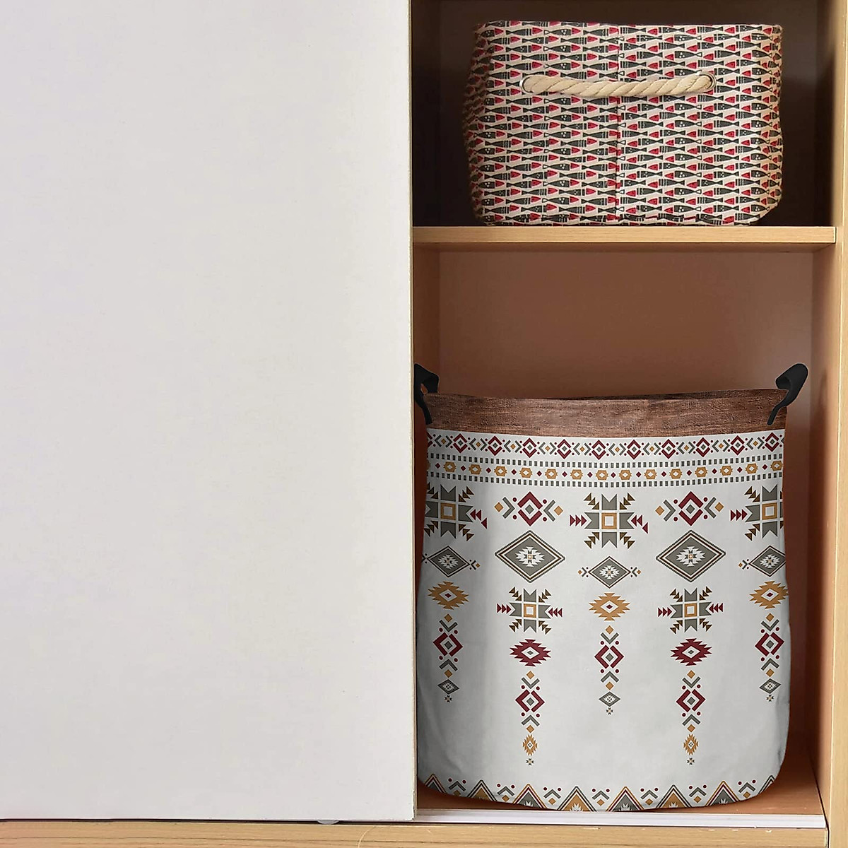 Big Laundry Basket Storage, Southwest Native American Tribal Totem Boho Waterproof Canvas Laundry Hamper, Round Collapsible Basket with Handles for Nursery Laundry Room Home Office