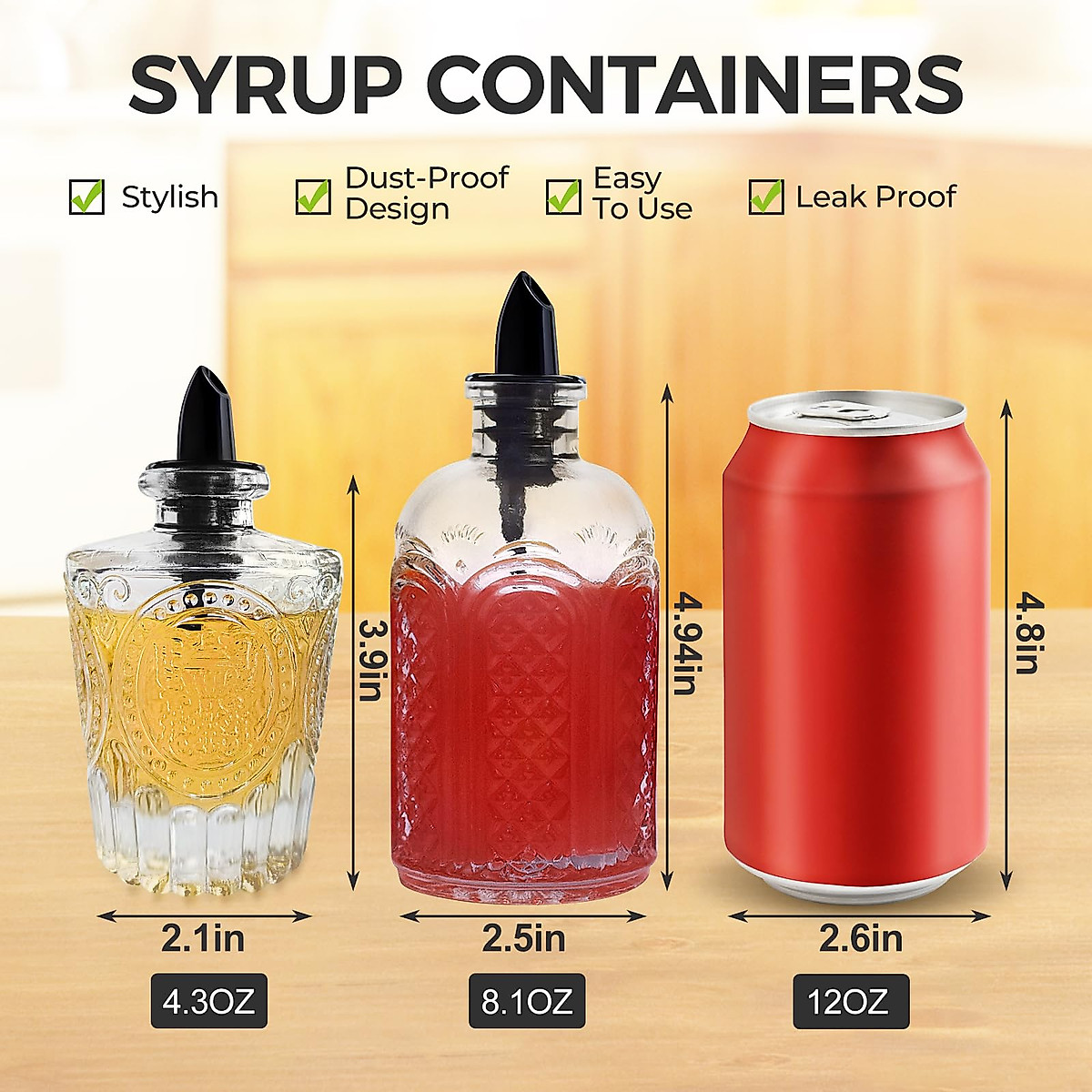 Kitchen Queen Syrup Bottles Set of 2 - Glass Dispensers with Leak-Proof Lids and Pour Spout - Perfect for Coffee Syrups, Honey, Condiments, and Olive Oil