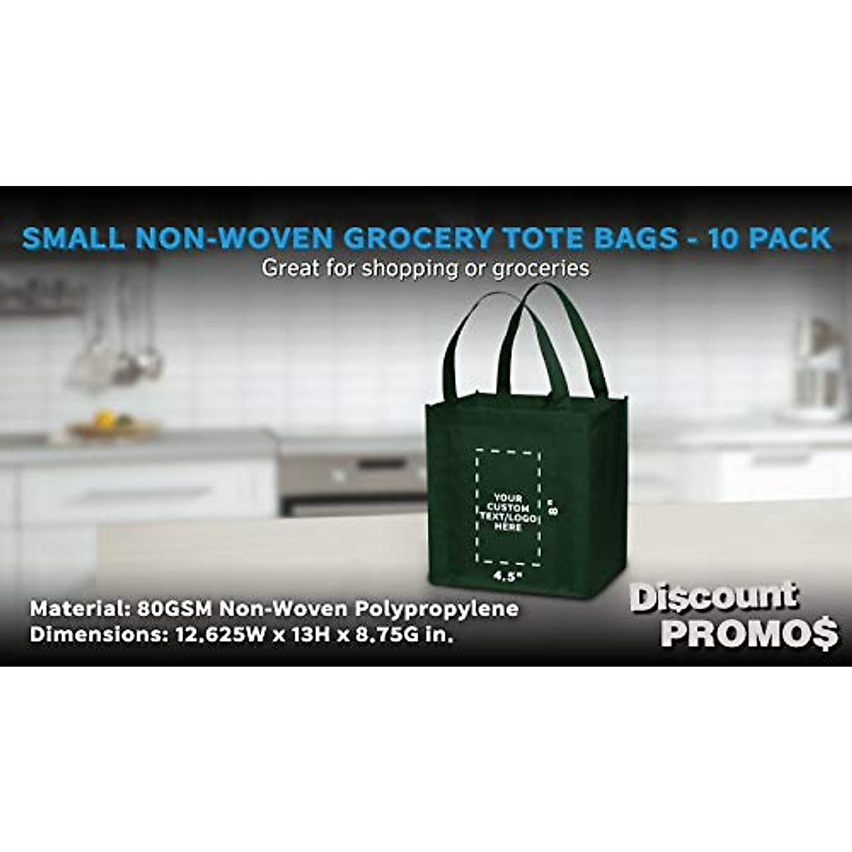 DISCOUNT PROMOS Custom Reusable Grocery Tote Bag for Shopping - 10 Pack - Personalized Logo, Text -Small Foldable Bags – Forest Green - 12.625"X13"X8.75"