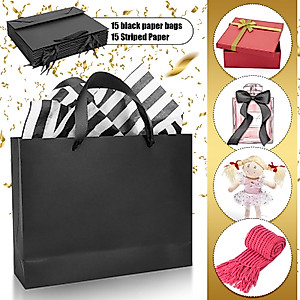 Rcybeo 15 Pack 10.6x3.1x8.3 Inch Black Gift Bags, Black Paper Bags with Tissue Paper, Black Gift Bags with Ribbon Handles for Retail, Grocery, Boutique, Wedding, Birthday, Party Supplies and Gifts