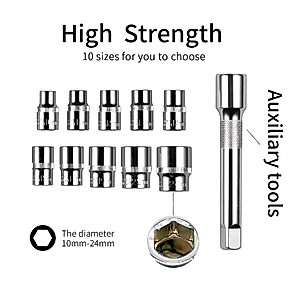 Egofine 12pcs 1/2 Inch Ratchet Socket Wrench Set, Drive Socket Set with 10 Sockets 10-15,17,19,22,24mm and 2 Way Quick Released Ratchet Handle and Extension Bar