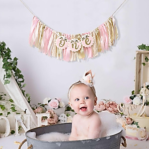 Pink Golden Floral High Chair Banner - Rose 1st Birthday Highchair Banner, Girls’ 1st Birthday Decoration, Pink First Birthday Decor, One High Chair Banner, 1st Birthday Party Decorations for Girls,