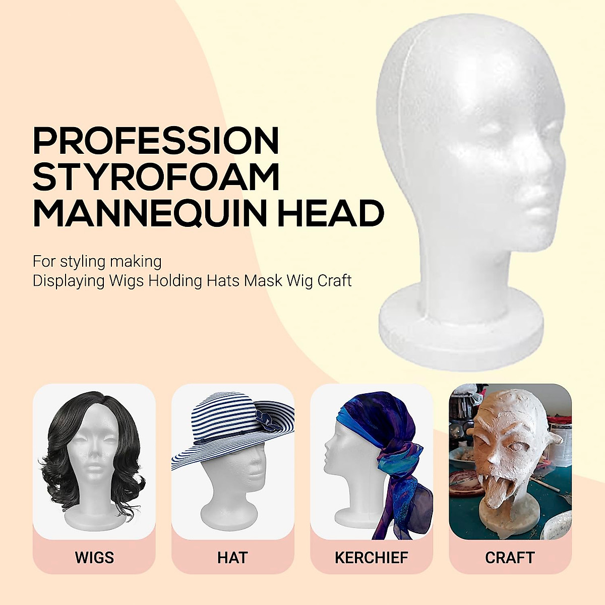 STUDIO LIMITED 11.4-Inch Styrofoam Mannequin Head (3 Pack) - White Foam Wig Stand for Wigs, Hats, Masks, Hairpieces, Arts, Crafts, DIY Projects, Salon Display, and Travel Use