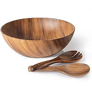 Royalling 11.8"x 3.9" Acacia Wooden Salad Bowl Set, Large wooden salad bowl, Salad Mixing Bowl, Wood Serving Bowl, 3-Piece Wood Salad Bowl Set with Salad Spoon and Fork¡­ (Acacia)