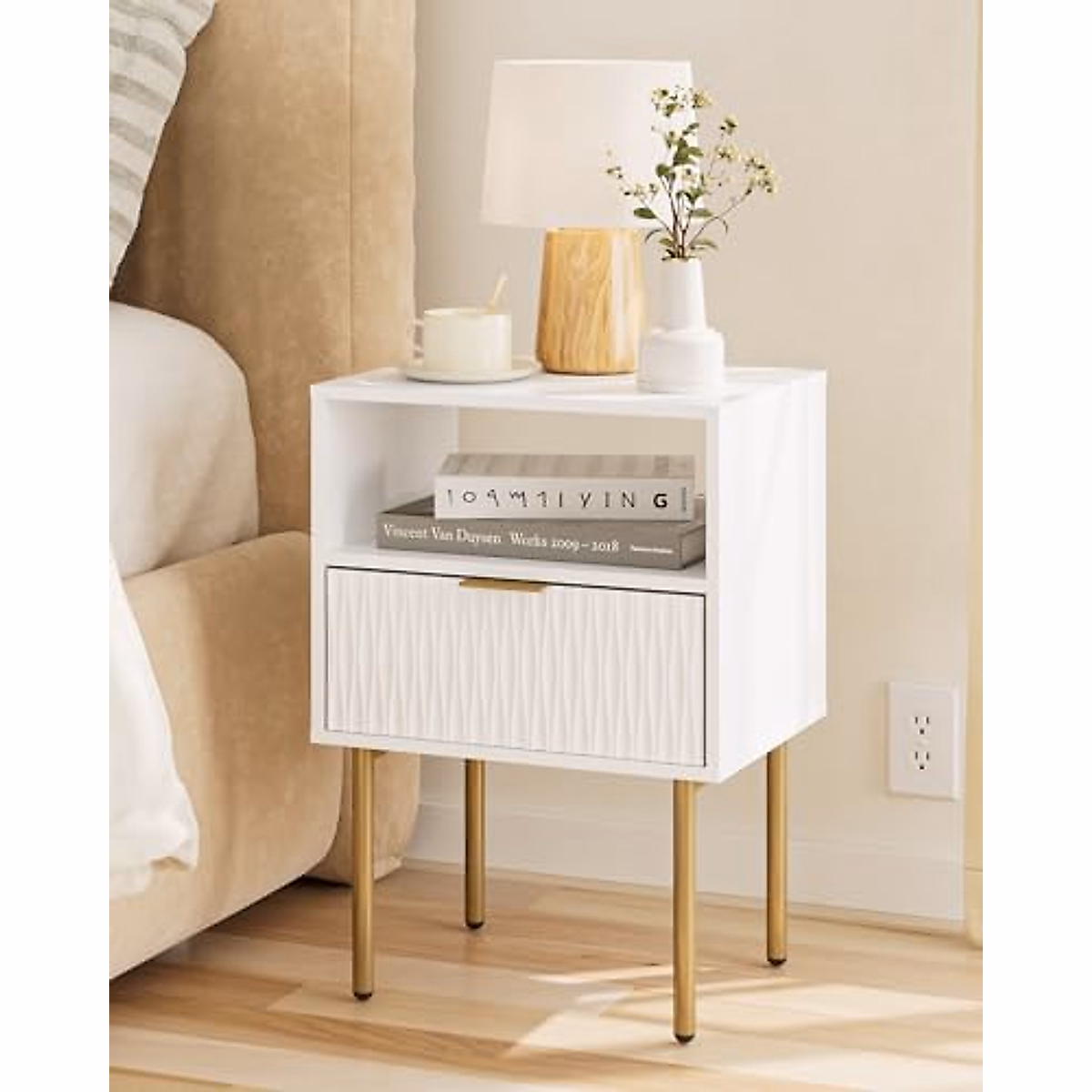 Aienvey Night Stand, Modern Bedside Table with Storage Drawer, Small Side Table with Open Wood Shelf, Bedside Furniture, Nightstand, End Table for Bedroom, Living Room, White