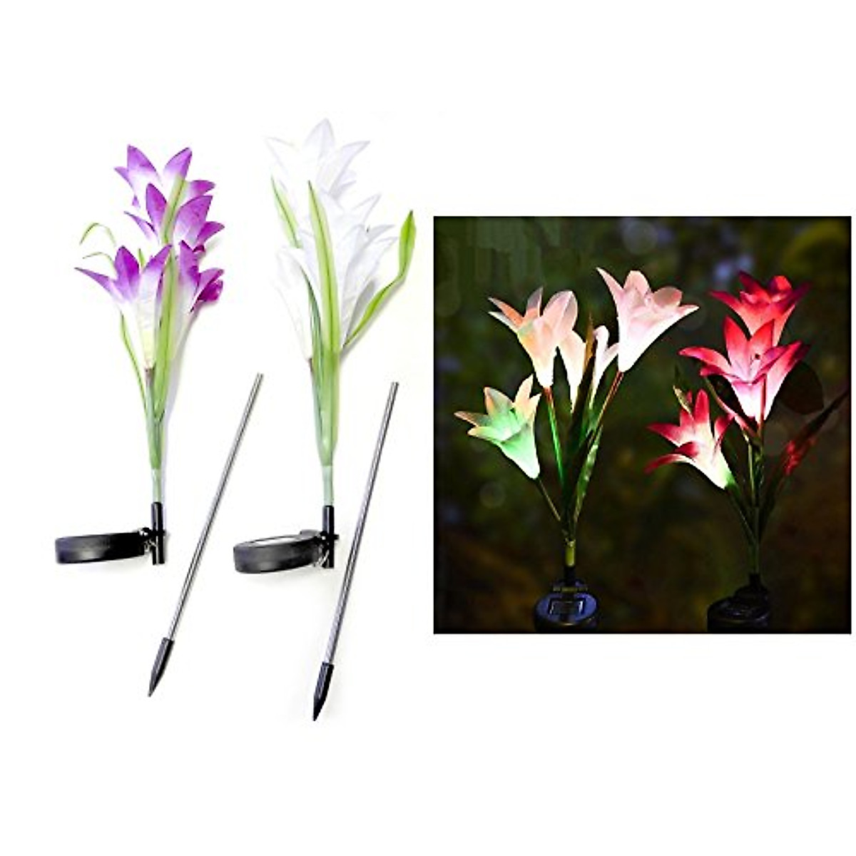 Outdoor Solar Flower Garden Stake Lights (2 Pack) Garden Lilly Flowers Multi Color LED Light Changing White and Purple Indoor-Outdoor