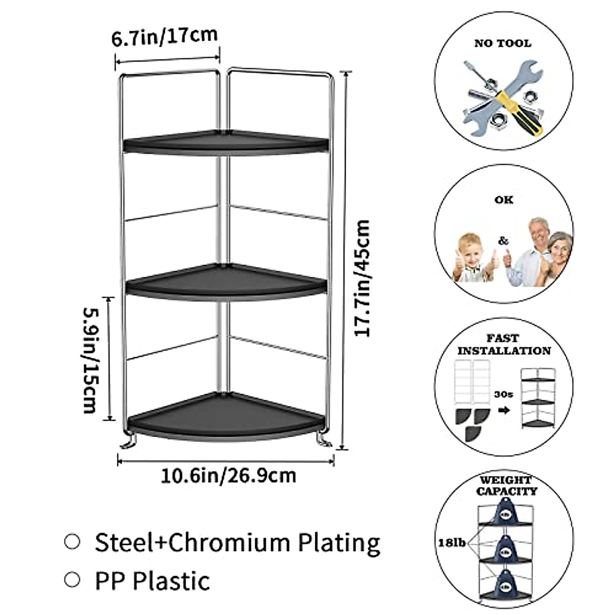JANUS LiANG 3-Tier Corner Bathroom Organizer Countertop - Makeup Perfume Storage Standing Shelf Bathroom Tray or Kitchen Spice Rack, Black and Silver