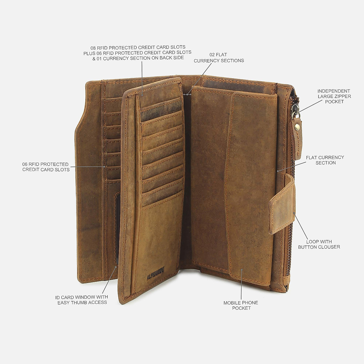 ALPHAHIDE Large Capacity Soft Genuine Leather Clutch for Women - RFID Blocking Ladies Wallet - Ladies Purse with Mobile Pouch - Multi Card Organizer with Coin Pocket - Gift Boxed