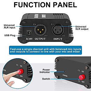 Aokeo 48V Phantom Power Supply Powered by USB Plug in, Included with 8 feet USB Cable, Bonus + XLR 3 Pin Microphone Cable for Any Condenser Microphone Music Recording Equipment