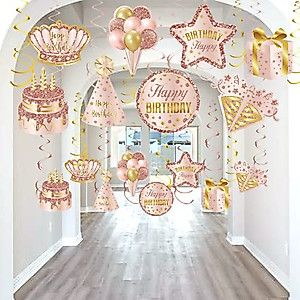 Pink Rose Gold Birthday Hanging Swirls Decorations for Women Girls, 30pcs Happy Birthday Swirls Party Supplies, 10th 16th 21st 30th 40th 50th 60th Bday Ceiling Sign Decor