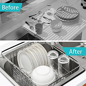 BTLATHA Sink Dish Drainer Rack, Expandable 304 Stainless Steel Dish Drying Rack Organizer with Stainless Steel Utensil Rack, Adjustable 14.96" to 20.59" Inside The Sink (up to 7 Upright Utensils).