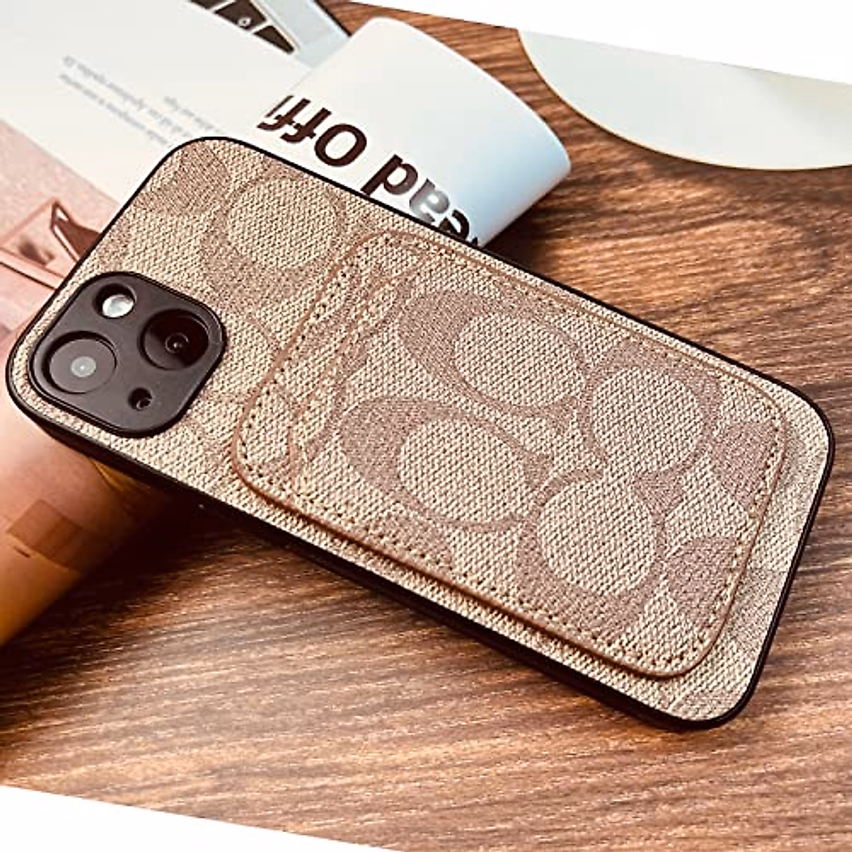 Atiptop Classic Monogram Pattern Cellphone case for iPhone 13,Hold Cards, Luxury Case Compatible with iPhone 13, |Designer Stylish Classic Pattern | for Girls Women, Khaki