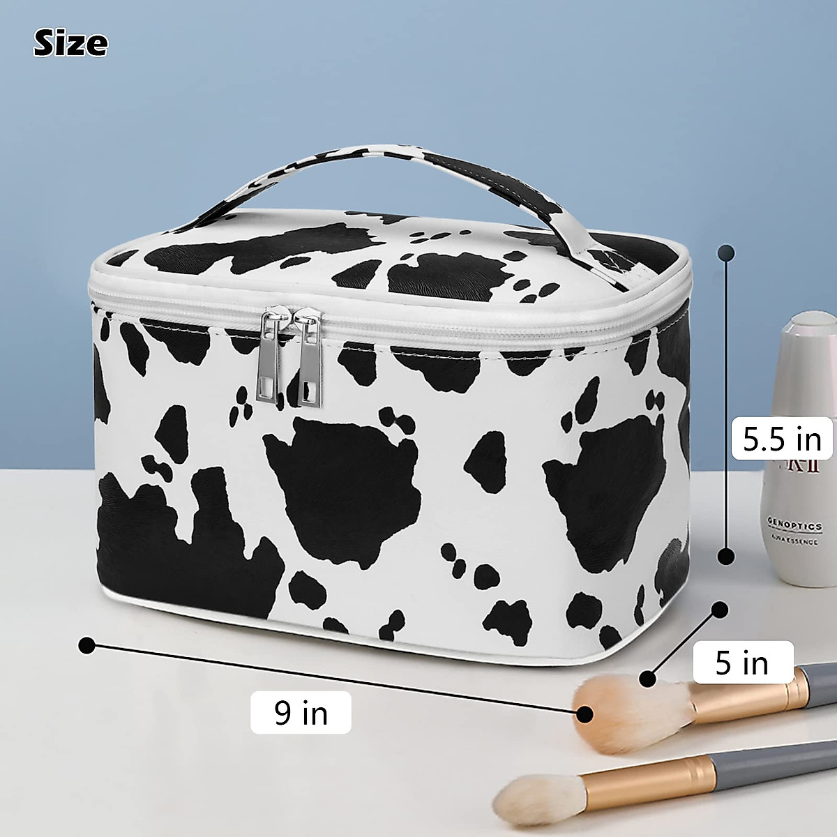 IMCUZUR Travel Makeup Bag for Women, Water-resistant Cosmetic Organizer, Cute Cow Print Make Up Bag (Cow)