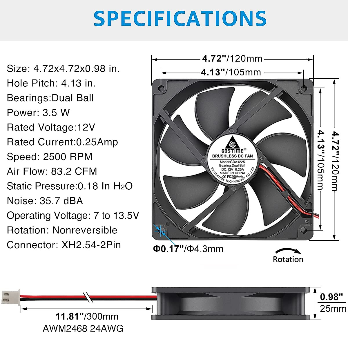 GDSTIME Dual Ball Bearings 120mm x 120mm x 25mm 5 inch 12v Brushless DC Cooling Exhaust Fan, For Desktop
