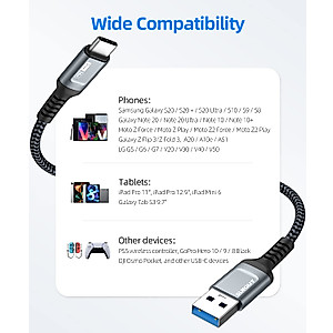 SUNGUY 5Gbps USB C 3.0 Android Auto Cable 1FT, 18W Short USB A to C Cable Fast Charging Nylon Braided Compatible with USB C External SSD, Galaxy S21 S20 S10 S10E Note 20, LG, Pixel and More