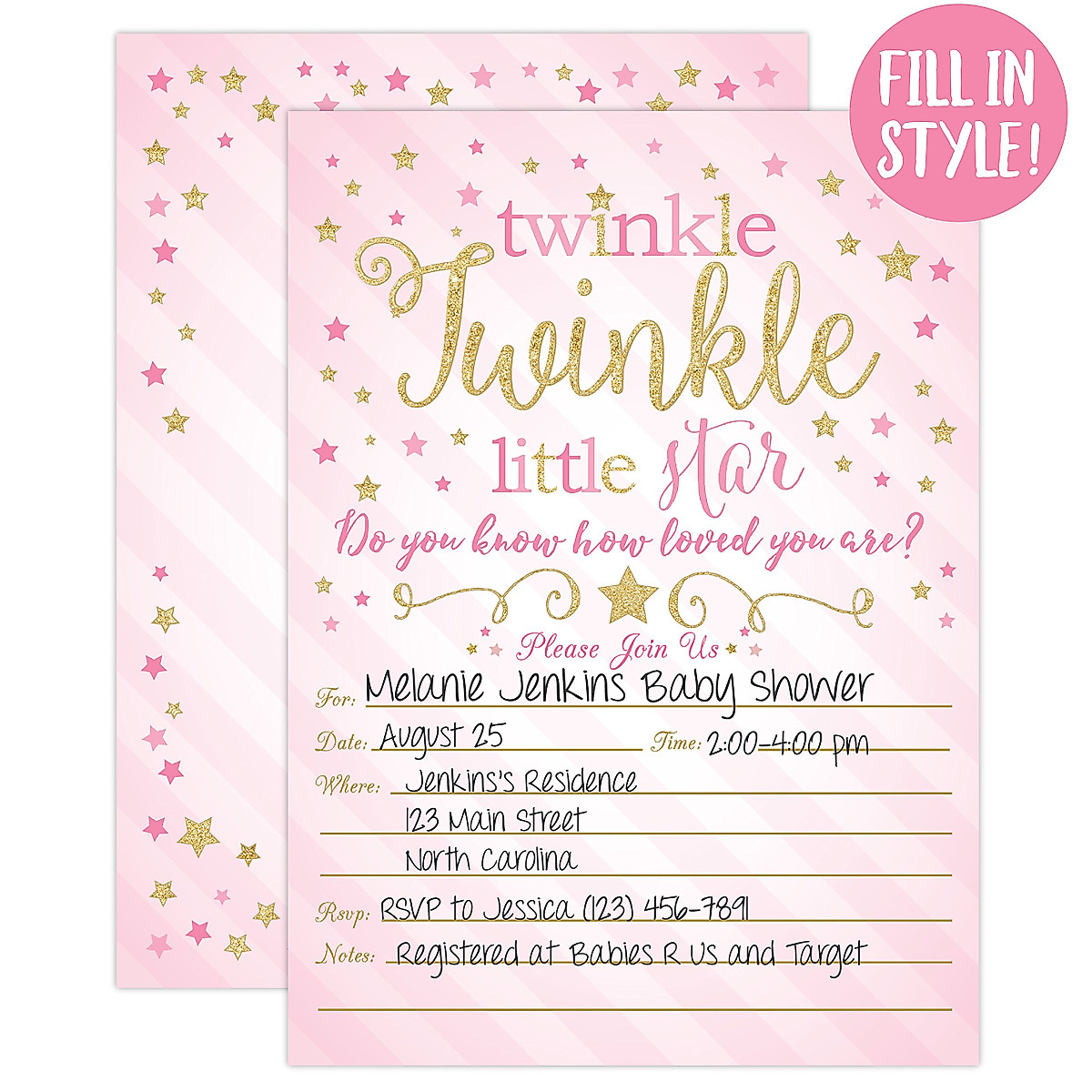 Your Main Event Prints Twinkle Twinkle Little Star Baby Shower Invitations - Pink and Gold Twinkle Twinkle Little Star Girl Baby Shower Invites - 20 Fill-In Style With White Envelopes
