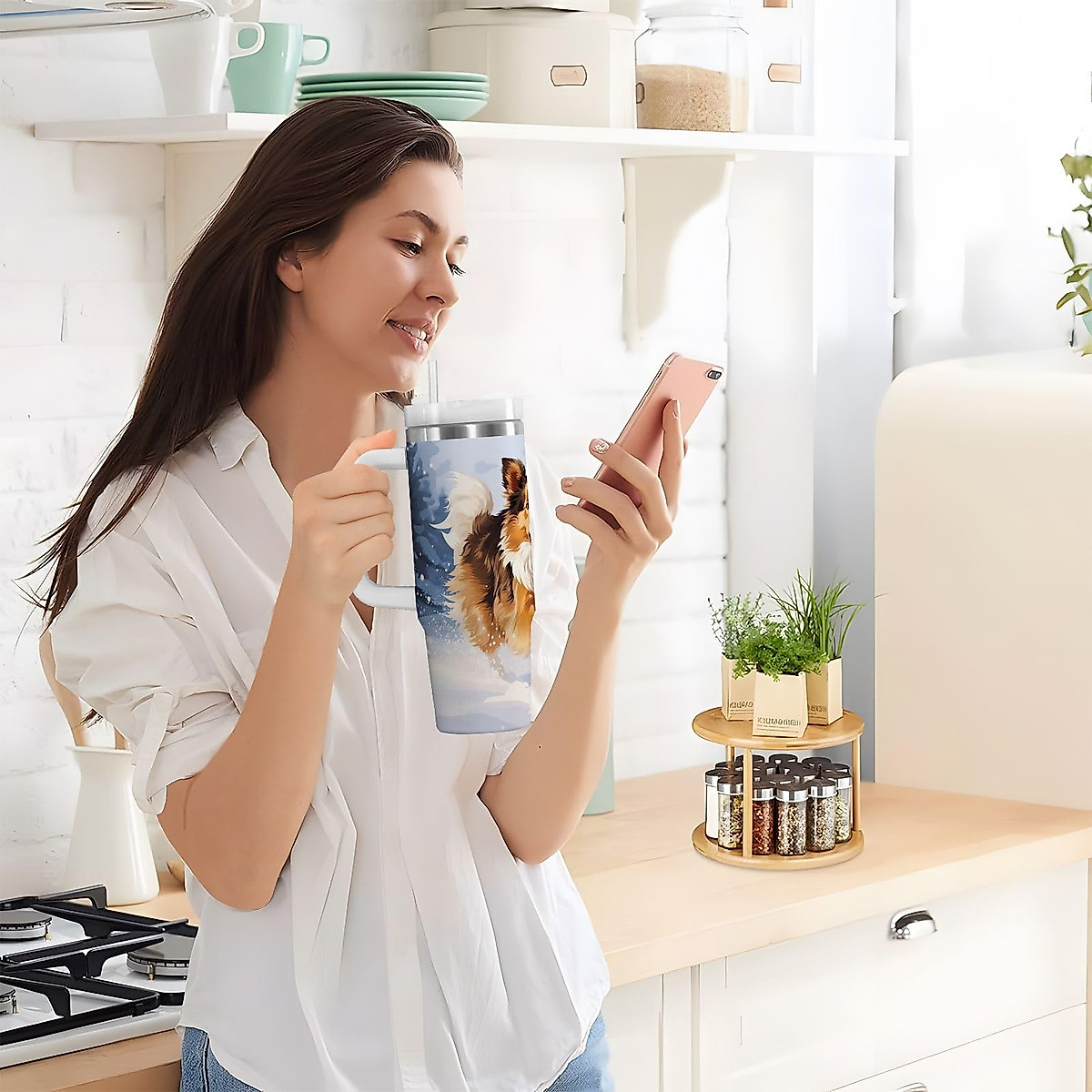 MCHIVER White Cute Sheltie Snow Tumbler with Lid and Straw 40 oz Insulated Water Bottle Leakproof Tumblers for Coffee Water Tea