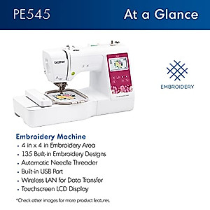 Brother PE545 Embroidery Machine, Wireless LAN Connected, 135 Built-in Designs, 4" x 4" Hoop Area, Large 3.7" LCD Touchscreen, USB Port, 10 Font Styles