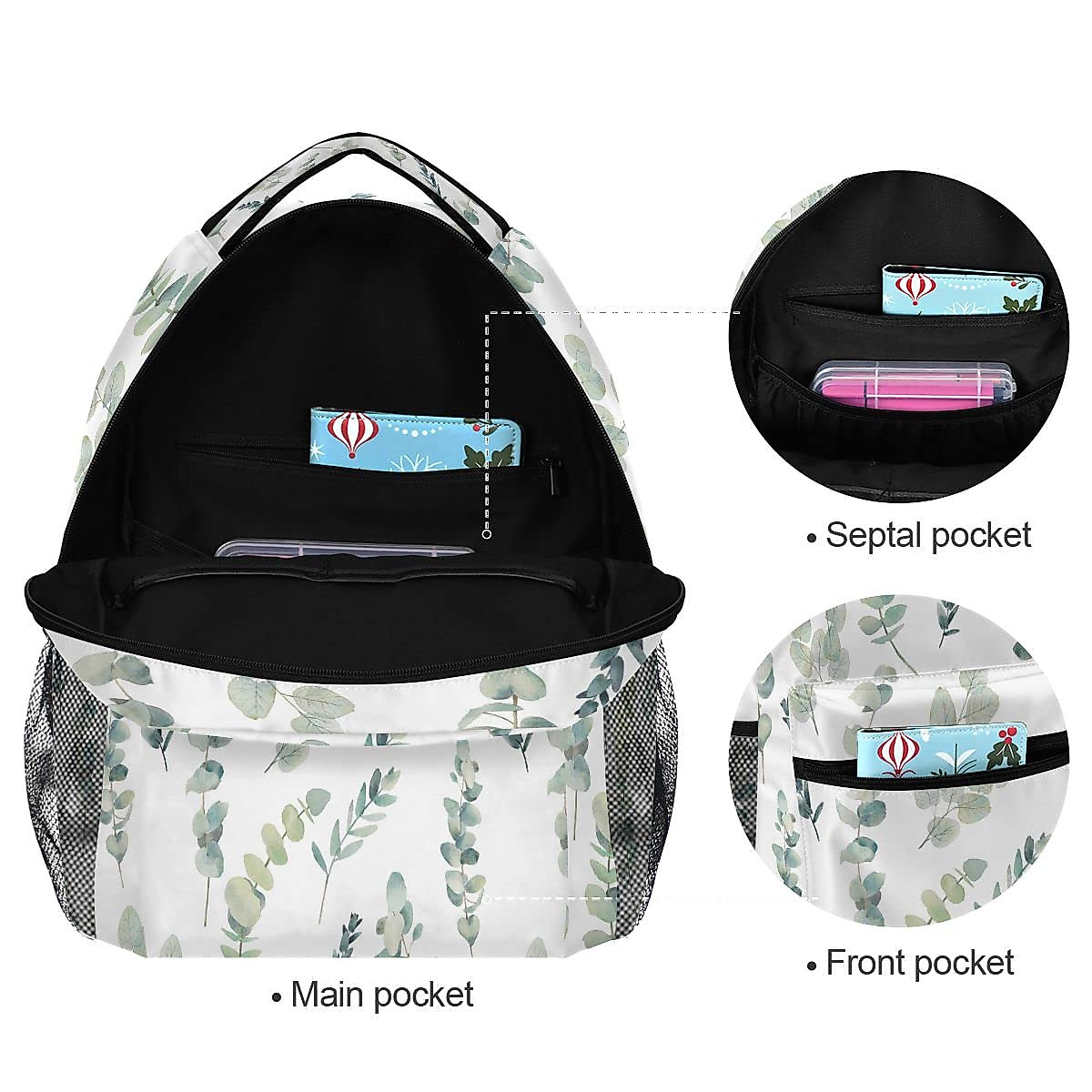 Green Sage School Backpack for Kids Boy Girls Eucalyptus Leaf School Bag Daypack Spring Floral Laptop Bookbags Camping Travel Outdoor Shoulder Bag