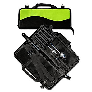 Knife Bag Canvas Chef Knife Roll Case -16 Pocket Knife & Kitchen Utensils Holder + Honing Steel Rod + Precision Drawing Spoons - Portable Storage for Travel Camping Culinary Student - Shoulder Strap