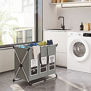 C&AHOME Laundry Basket 3 Sections, 135L Foldable Laundry Hamper Basket Sorter with Waterproof Oxford Bag and Aluminum Frame, Laundry Sorter Storage Dirty Clothes Bag for Bathroom Bedroom, Grey AFLH03G