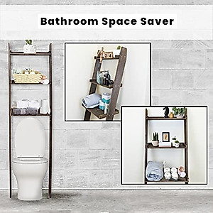 Eelexa Over The Toilet Storage Ladder Shelf 3 Tier Wooden Over Toilet Bathroom Organizer Rack for Small Space, Bathroom, Restroom, 70 Inch Tall, Dark Brown