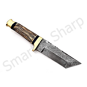 Smart & Sharp Custom Handmade Damascus Steel Hunting Knife/Tanto Knife/Skinning Knife AA-17255, 17256, 17257, 17258 and 17259 (Antique Stag and Blue Wood)