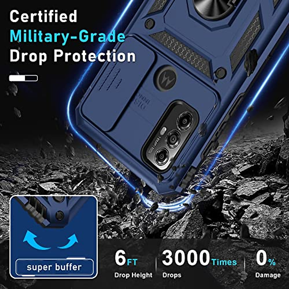 Motorola Moto G Play 2023 Case,Moto G Power 2022/Moto G Pure Case Built in Slide Camera Lens Cover+Screen Protector+Finger Ring Holder Kickstand,Heavy Duty Shockproof Full Body Phone Cover,Blue