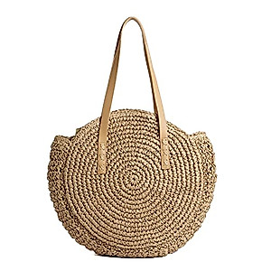 CWCYYDSYY Straw Beach Handbags Summer Handmade Round Corn Woven Shoulder Tote Bohemia Bags Purse for Women(Khaki -1)