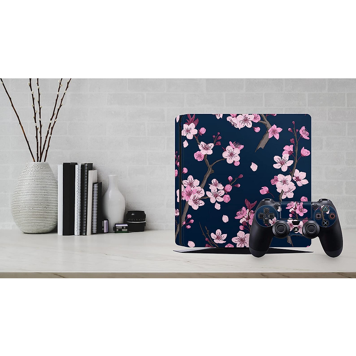 ZOOMHITSKINS Compatible with PS4 Slim Skin, Japan Flowers Pink Sakura Cherry Blossom, Durable & Fit, 3M Vinyl, Made in The USA