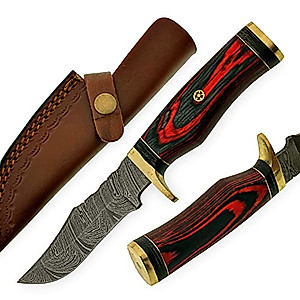 Custom Handmade Damascus Steel Hunting Knife/Skinning Knife SS-17452 (Red & Black Wood) (Red)