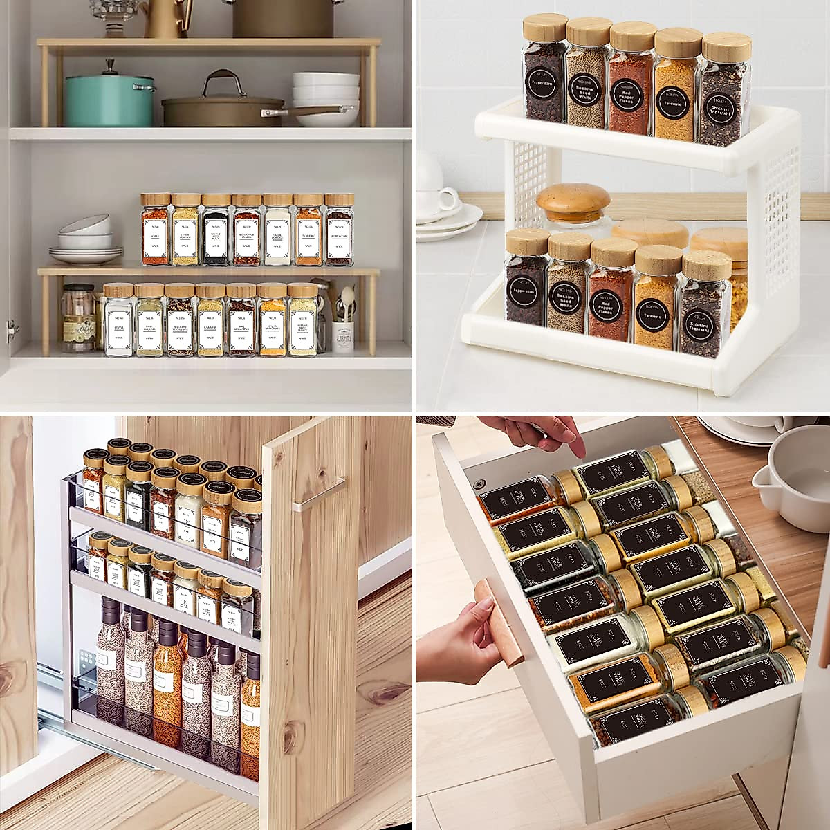 VIVAIVE Spice Jars with Labels,24 Pcs 4oz Glass Spice Jars with Bamboo Lid and 648 Waterproof Printed Labels,2 Salt and Pepper Grinder Set,Empty Spice Containers Bottles for Pantry,Cabinet,Drawer