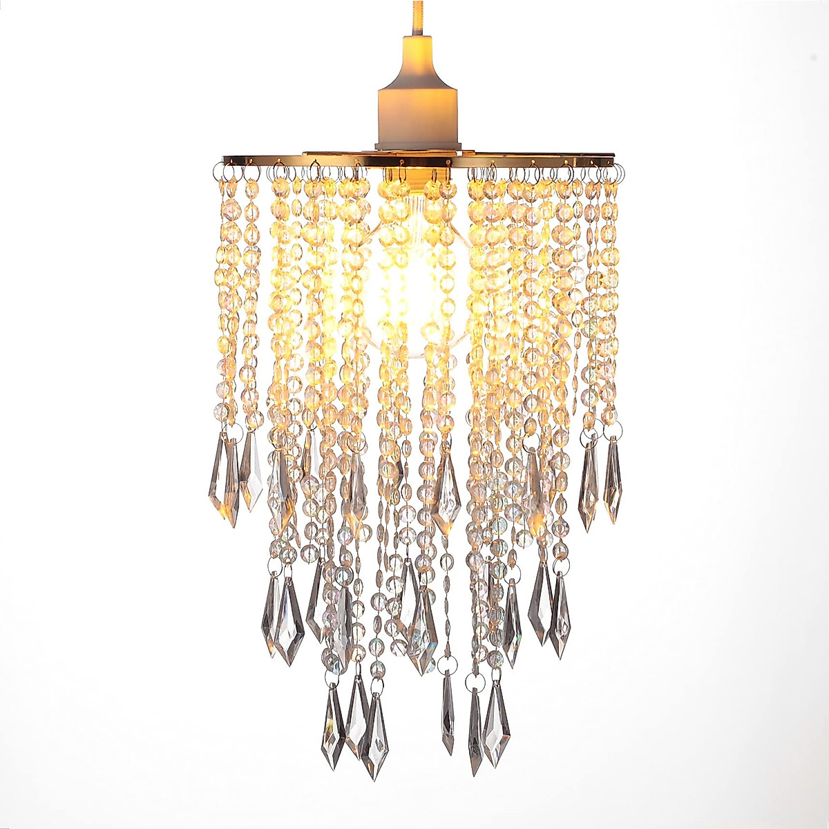 Cioceen Acrylic Chandelier Ceiling Light Shade Beaded Hanging Pendant Lampshade with Gold Frame for Bedroom for Wedding Party H12.9 X W8.7 3 Tiers
