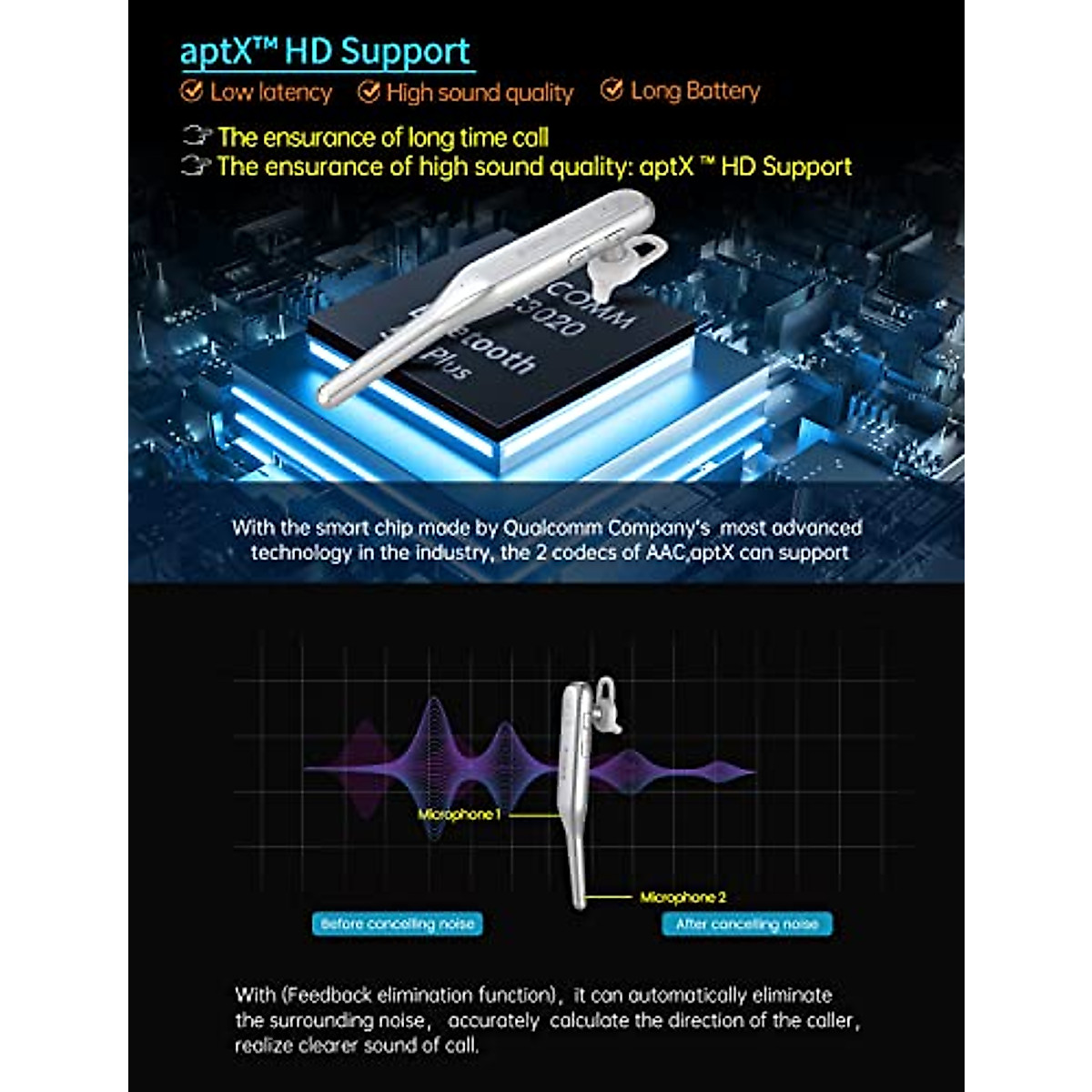 Glazata Wireless Headset with Dual MIC Noise Cancelling, apt-X & apt-X HD for Driving, Office, Business, Compatible with Cell Phone and PC - 「Silver」