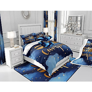 Castle Fairy Happy Camping Queen Size Duvet Cover for Teens Youth,Starry Galaxy Dreaming Comforter Cover with 2 Pillow Shams,Gold RV Trailer Painting Bedding Set Ultra Soft Microfiber Breathable