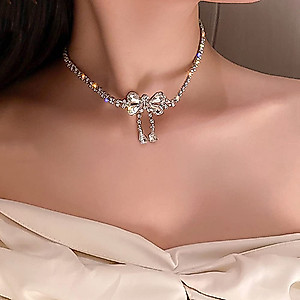 Jemant Bow Choker Necklace For Women Silver Cute Dainty Aesthetic Bling Tennis Cubic Zirconia Chunky Bowknot Pendant Necklace Chain Adjustable Jewelry For Bride Bridal (Choker)