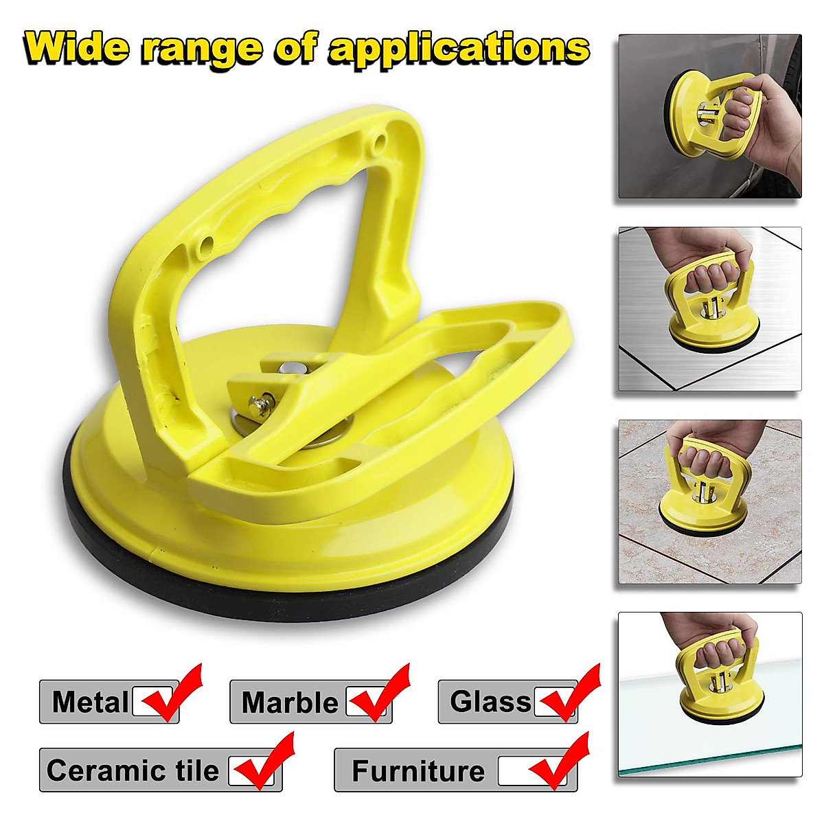 FCHO Glass Suction Cup Heavy Duty Aluminum Vacuum Plate Puller Handle Holder Hooks Duty Galss Lifting/Tile Suction Cup Lifter/Moving Glass/Pad for Lifting (Yellow, 2Pack)