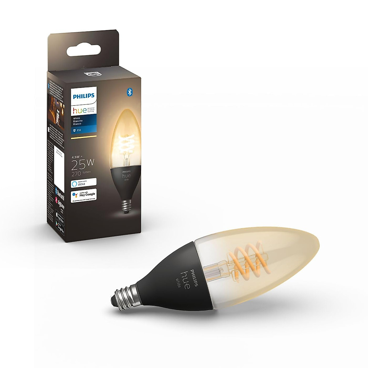 Philips Hue White Ambiance Filament E12 Candle Bulb Full Range of White Light, Compatible with Alexa, Google Assistant, and Apple HomeKit, Black