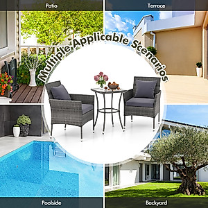 Tangkula 3-Piece Patio Furniture Set, PE Wicker Conversation Bistro Set w/A Tempered Glass Table & 2 Cushioned Chairs, Outdoor Table & Chairs Set for Patio Porch Yard Garden (Mix Gray+Grey)