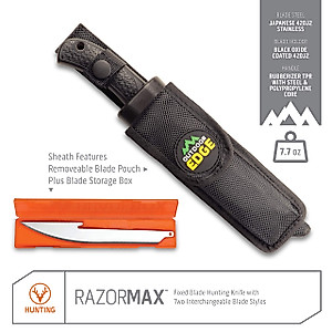 OUTDOOR EDGE RazorMax - Replaceable Fixed Blade Hunting Knife with 3.5" Drop-Point, 5" Boning/Fillet Blades, Belt Sheath and Detachable Blade Carrier (Black, 6 Blades)