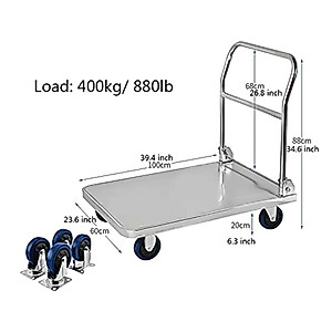 Platform Truck Flat Handtruck Stainless Platform Truck with 4 Wheel Moving Dolly Cart Load 660lb/880lb Folding Push Cart Heavy Flatbed Cart Reliable