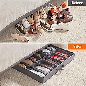Lifewit Under Bed Shoe Storage Organizer Set of 2, Foldable Fabric Shoes Container Box with Clear Cover See Through Window Storage Bag with 2 Handles Total Fits 24 Pairs of Shoes, Grey