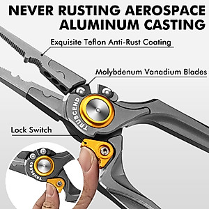 TRUSCEND Lockable Handy Fishing Pliers with Innovative Ergonomical Handle, Corrosion Saltwater Resistant Teflon Coated Fishing Tool, Multi-Function Fishing Gear with Mo-V Cutter, Amazing Fishing Gifts