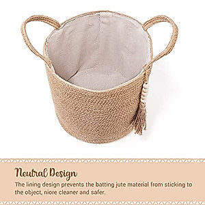 Mkono Woven Storage Basket Decorative Rope Basket Wooden Bead Decoration for Blankets,Toys,Clothes,Shoes,Plant Organizer Bin with Handles Living Room Home Decor, Jute, 11" W x 11"L