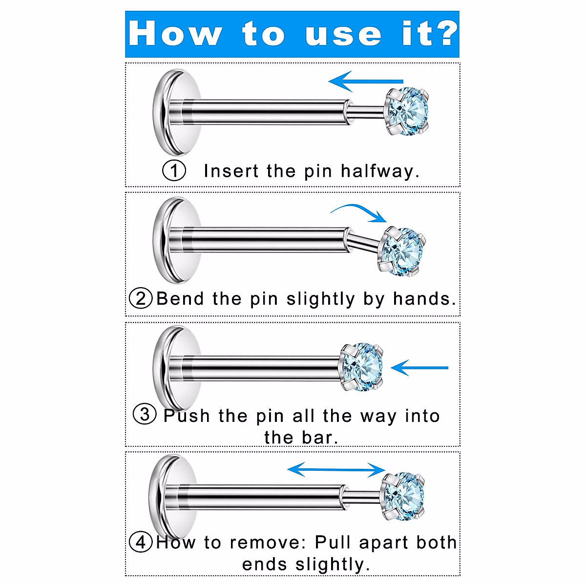 Tragus Piercing Jewelry Surgical Steel Cartilage Earrings 16g Threadless Nose Stud 5mm Lip Ring Push in Labret 4mm Aquamarine CZ Nose Rings for Women Conch Stud Helix Earring Rook Earrings Flat Back