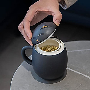 HEER Ceramic Tea Mug with Infuser and Lid, Cute Cat Tea Cup with Filter for Steeping Loose Leaf, Chinese Handmade Porcelain Teacup for Home Office. (Black)