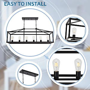 BONLICHT Modern Rectangle Chandelier 6 Light Black Industrial Vintage Kitchen Island Lighting Fixture Hanging Pendant Lamp Farmhouse Metal Cage Ceiling Light Fixtures for Living Room Dining Room Foyer