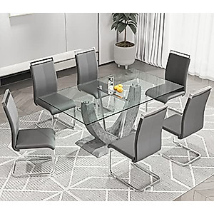67" Rectangular Glass Dining Table Set for 6, Modern Rectangle Dining Table & Chair Sets for Kitchen Room, 67 inch Tempered Glass Table Top and PU Leather Dining Chairs with Silver Plating Legs, Grey
